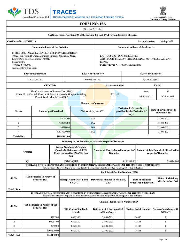 Form No. 16A: From To | PDF | Securities (Finance) | Interest