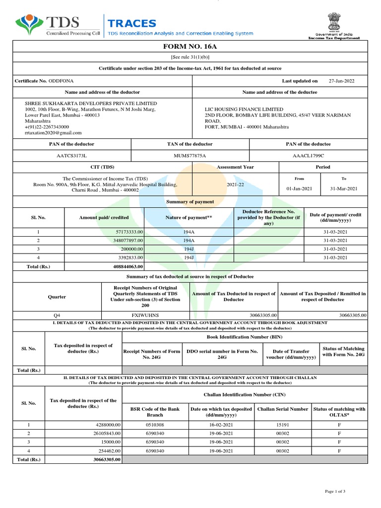 Form No. 16A: From To | PDF | Securities (Finance) | Interest