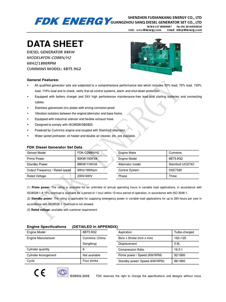 Diesel Generator 88KW Spec Sheet | PDF | Engines | Electric Generator