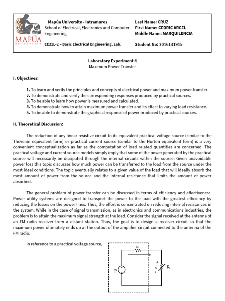 EE21L-2 - Basic Electrical Engineering, Lab | PDF | Electrical Network | Electrical Resistance ...