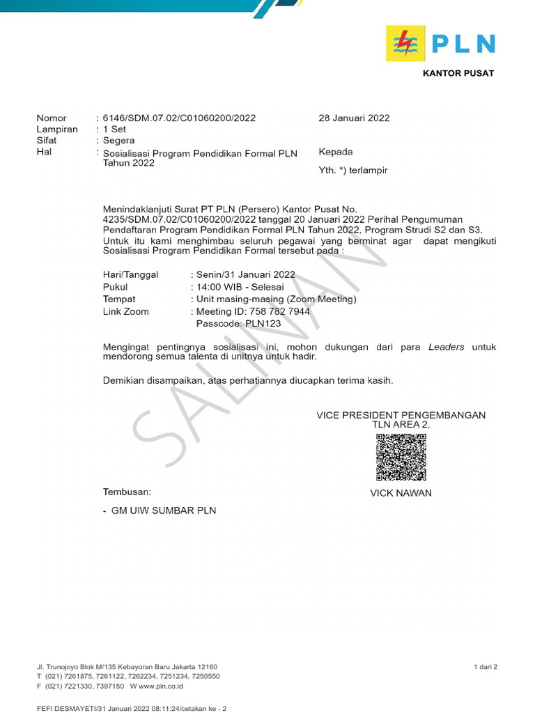 Undangan Sosialisasi Program Pendidikan Formal PLN 2022 | PDF