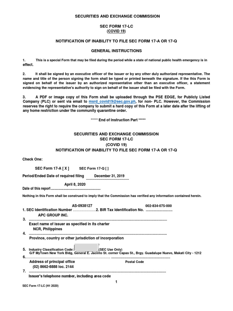 COVID-19 SEC Filing Notification Form | PDF | U.S. Securities And ...