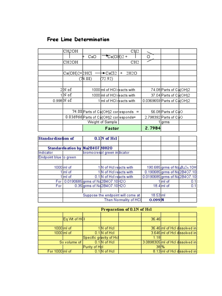 Free Lime and HCl Normality Calculations | PDF | Chemistry | Physical ...