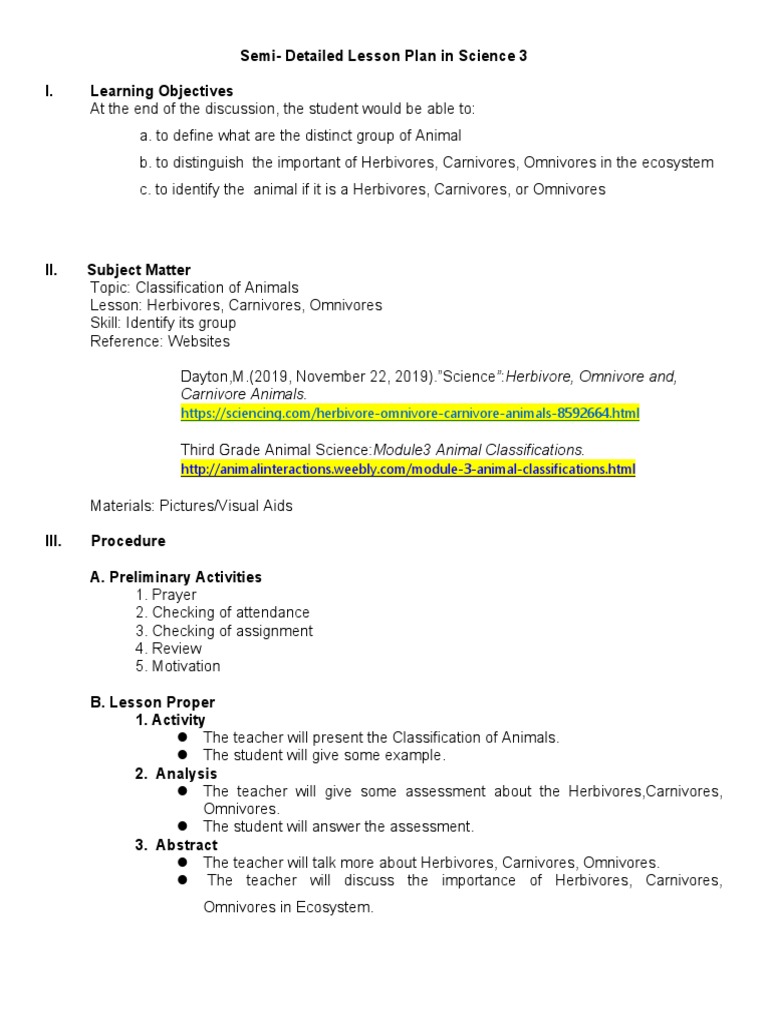 Grade 3 Lesson Plan: Animal Classification | PDF | Lesson Plan | Teachers