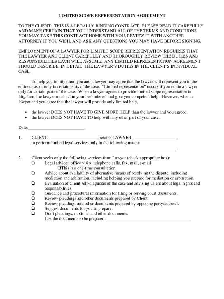 Limited Scope Representation Agreement | PDF | Discovery (Law) | Lawyer