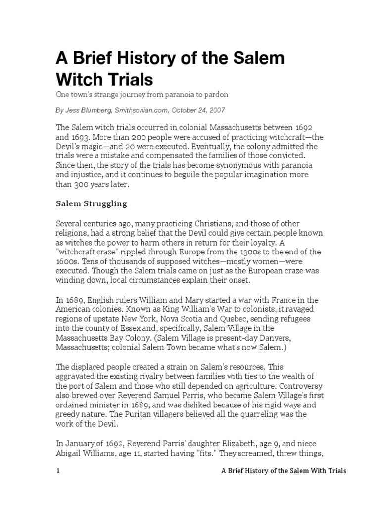 A Brief History of The Salem Witch Trials: One Town's Strange Journey ...
