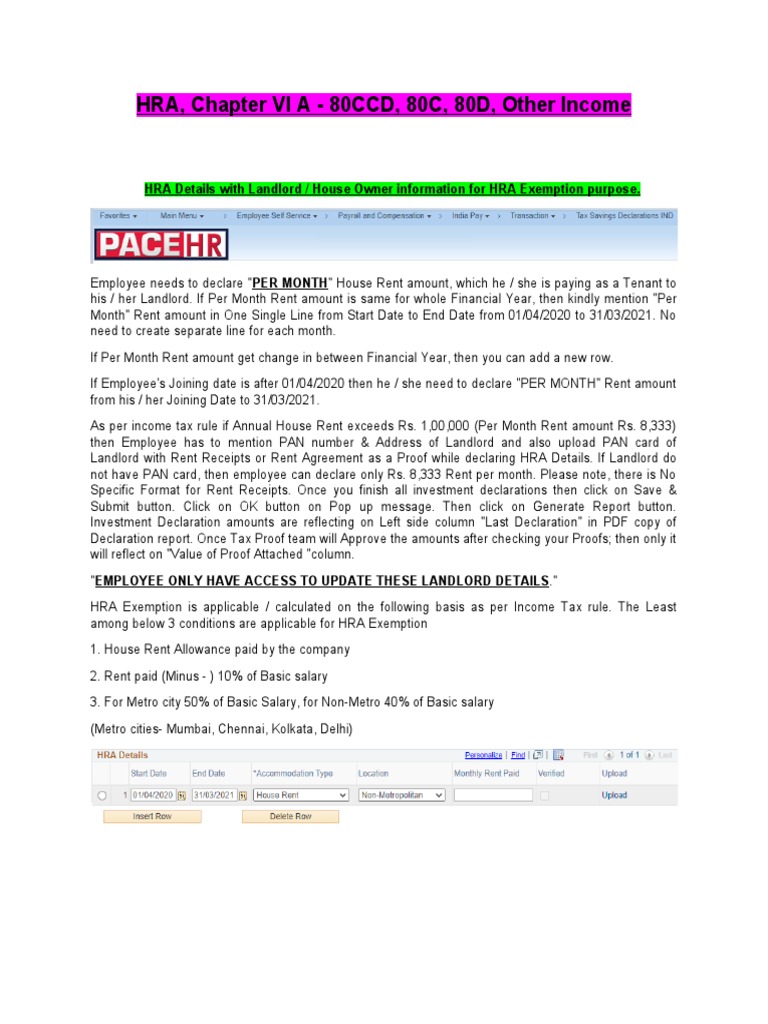 HRA, Chapter VI A - 80CCD, 80C, 80D, Other Income | PDF | Taxes | Economies