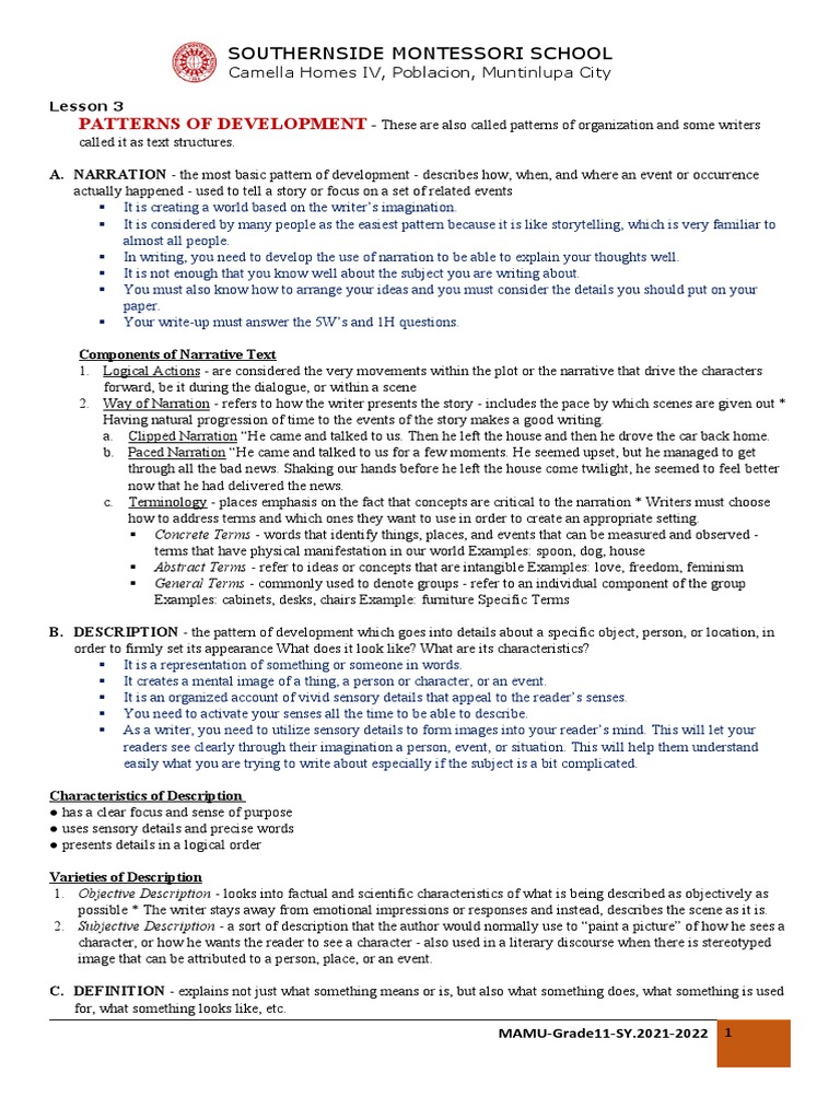 2021 2022 3rdqtr Notes3 Patterns of Development | PDF | Definition | Idea