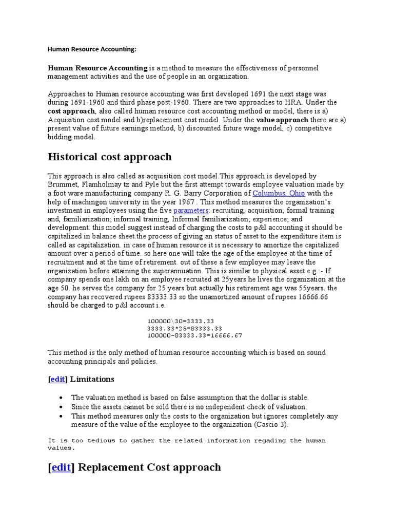 Historical Cost Approach: Human Resource Accounting Is A Method To ...
