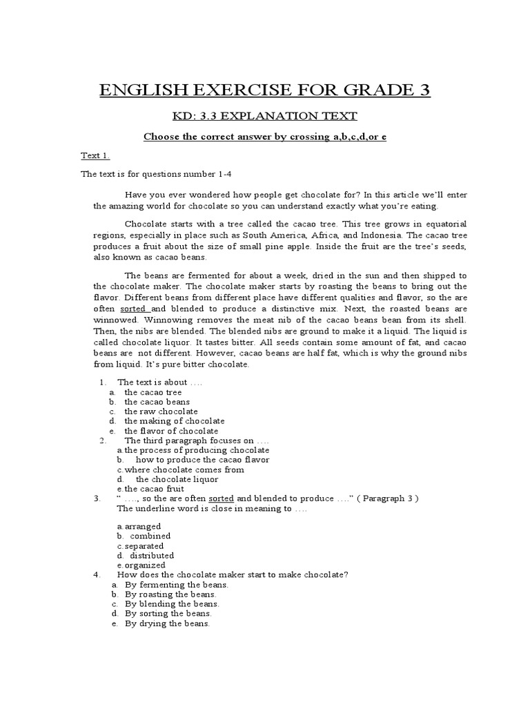 Grade 3 English Exercise: Chocolate & Energy | PDF | Chocolate | Larynx