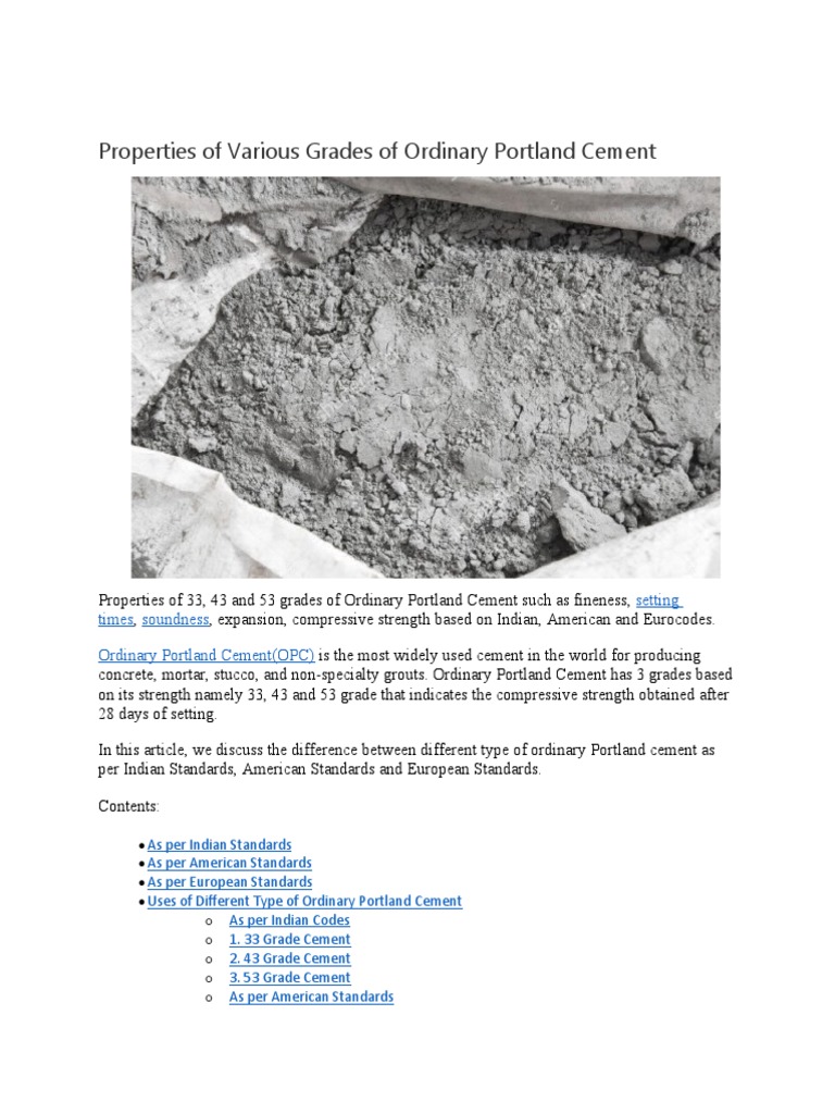 Properties of Various Portland Cement Grades | Download Free PDF | Cement | Concrete