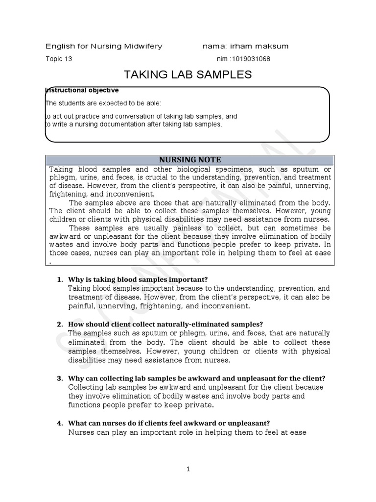 Taking Lab Samples in Nursing | PDF | Medicine | Health Sciences
