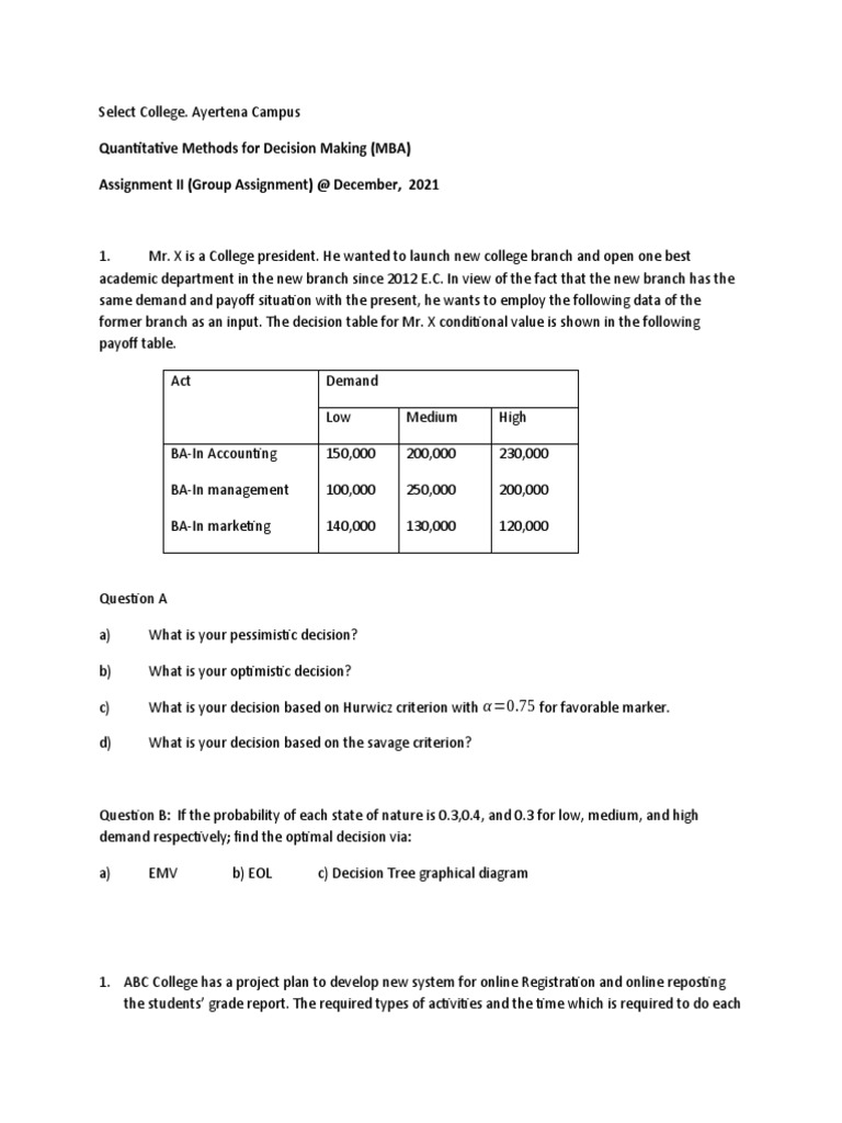 Quantitative Methods For Decision Making (MBA) Assignment II (Group ...