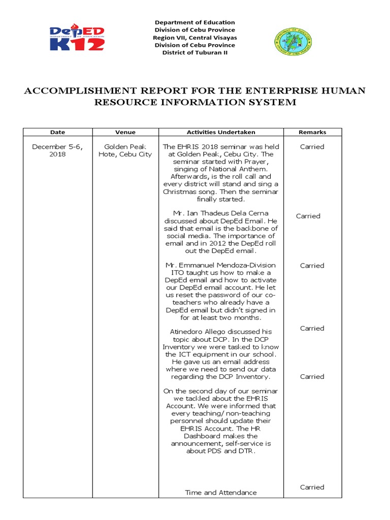 Accomplishment Report For The Enterprise Human Resource Information ...
