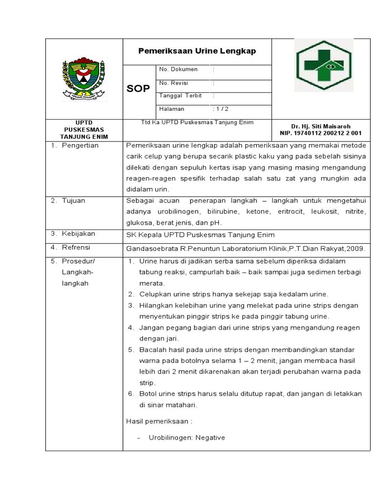 Sop Pemeriksaan Urine Lengkap | PDF