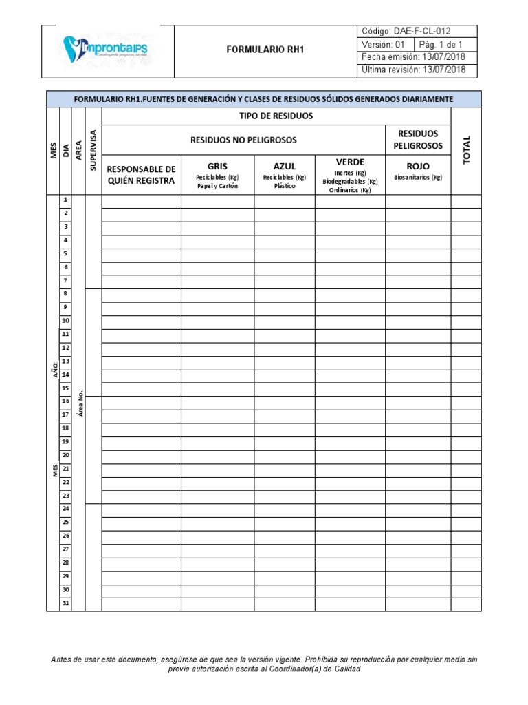 (DAE-F-CL-012) FORMULARIO RH1 - VERSIÓN No.01 | PDF | Residuos
