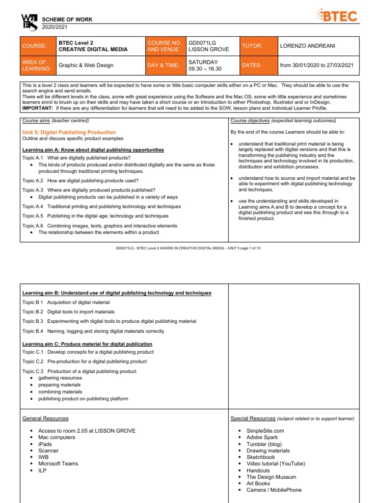 SOW Creative Digital Media Production Unit 5 | PDF | Educational ...