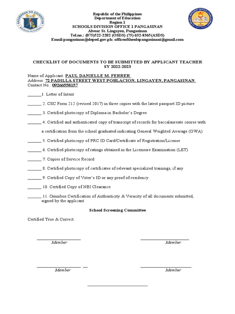 Checklist of Documents To Be Submitted by Applicant Teacher | PDF
