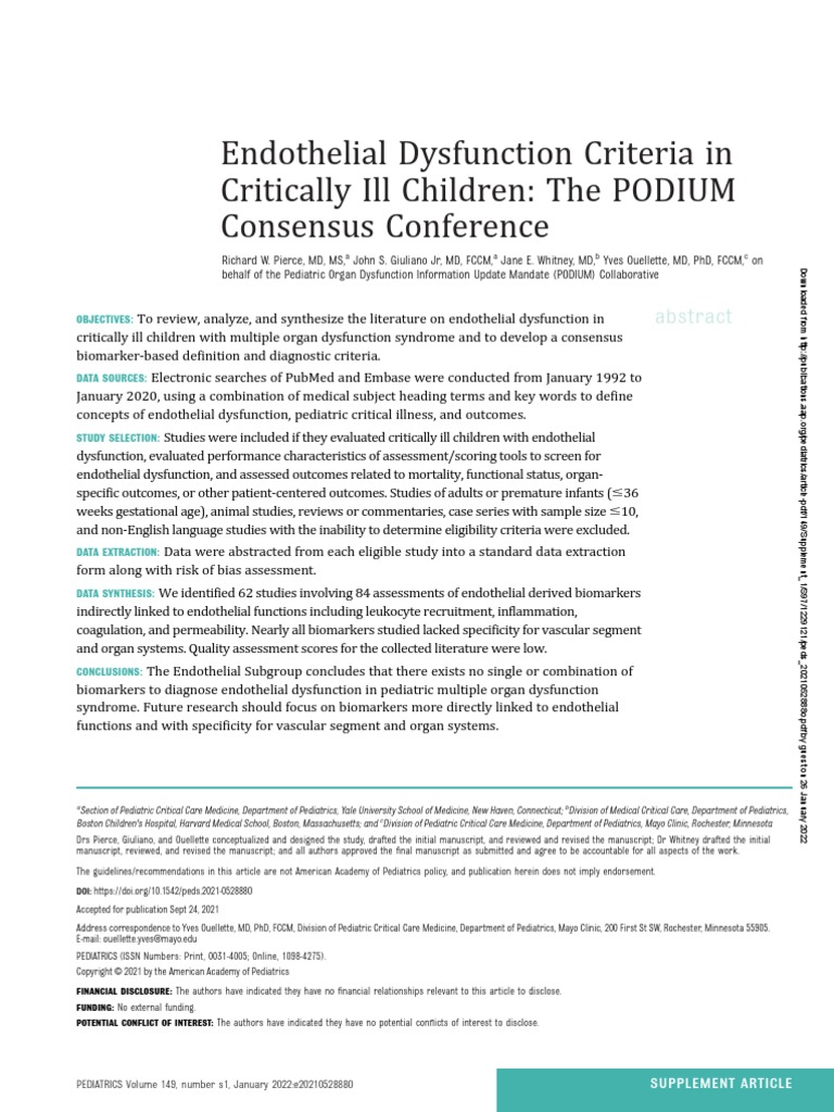 Endothelial Dysfunction Criteria in Critically Ill Children | PDF ...