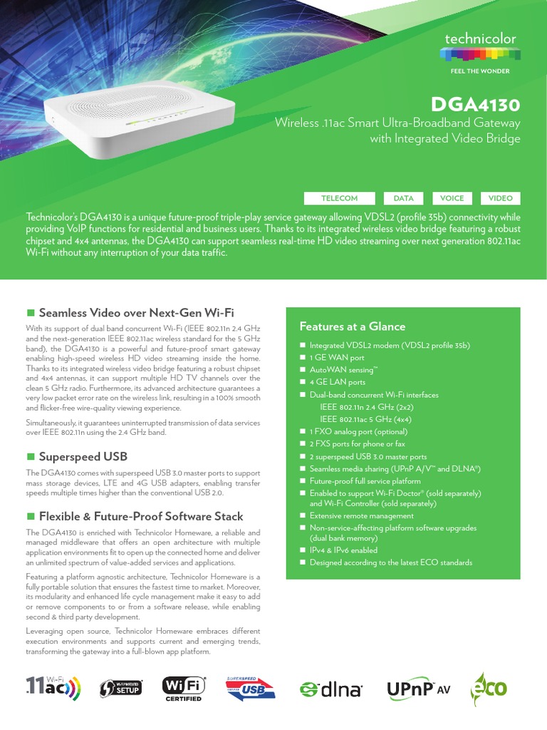 DGA4130 Ultrfast-Technicolor-Router-Spec-Sheet | PDF | Wi Fi | Wireless Lan