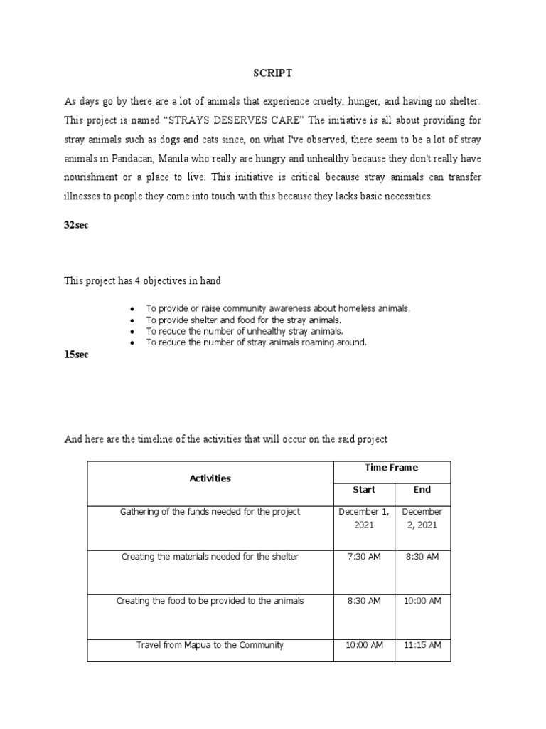 Script: Activities Time Frame Start End | PDF