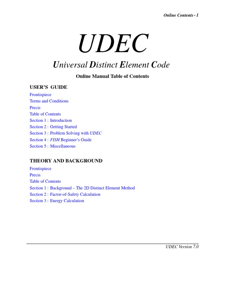 Universal Distinct Element Code: Online Manual Table of Contents User'S ...