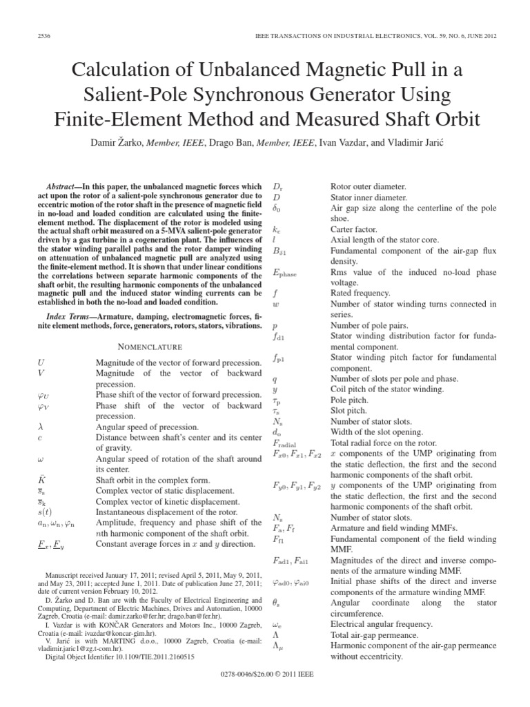 Calculation of Unbalanced Magnetic Pull in A Salient-Pole Synchronous Generator Using Finite ...