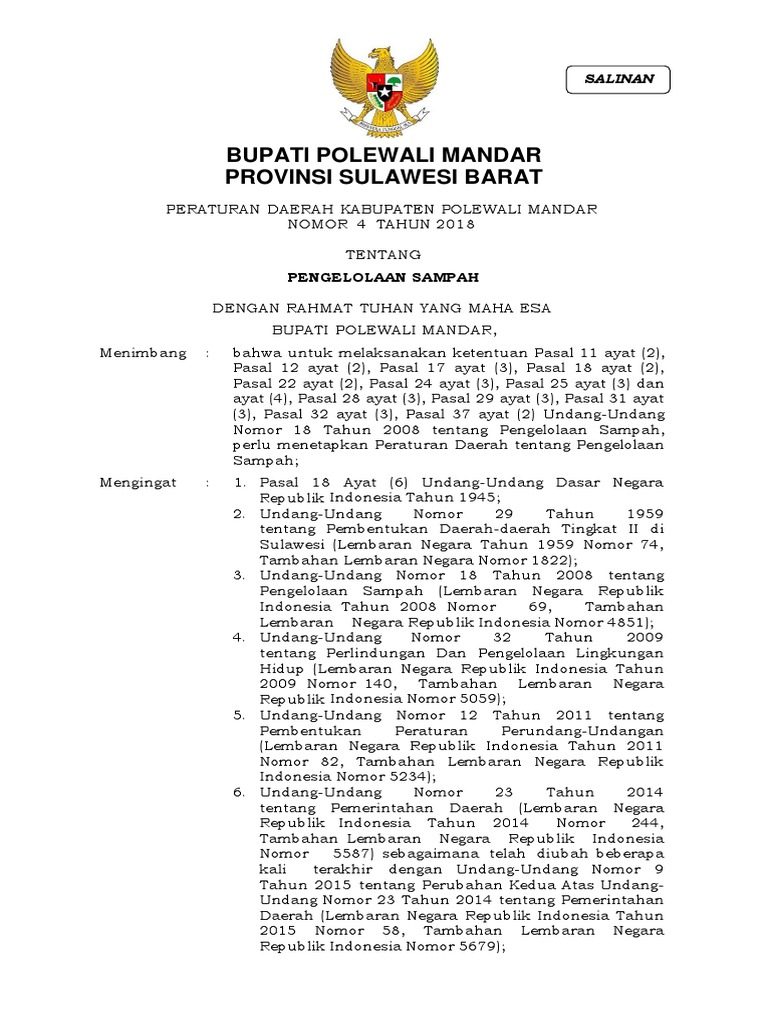 Perda Pengelolaan Sampah Polewali | PDF