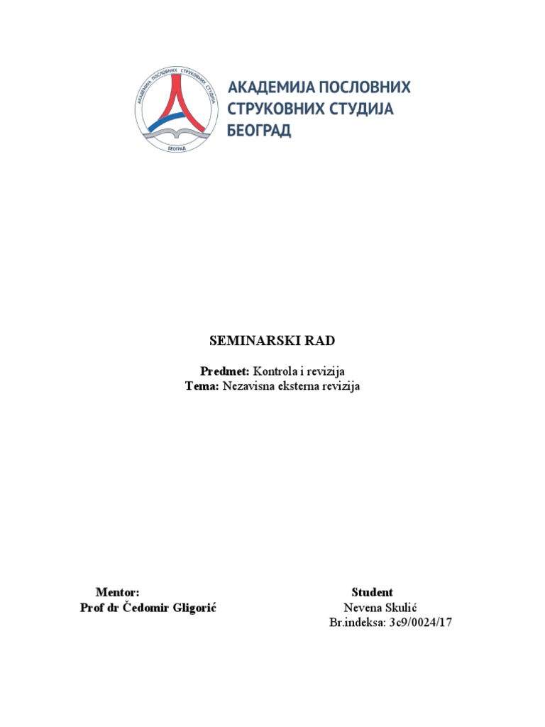 Nevena Skulic-Kontrola I Revizija - Tema Nezavisna Eksterna Revizija | PDF
