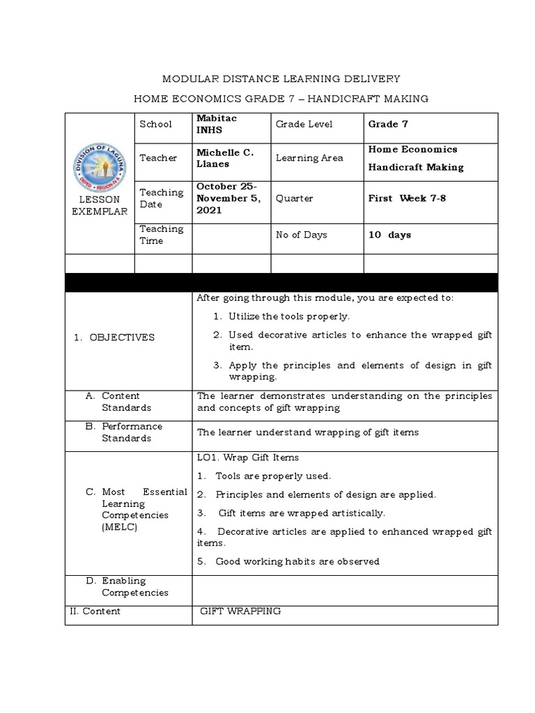 LE Handicraft WEEK 7-8 - GRADE 7 - 8 | PDF | Learning | Paper