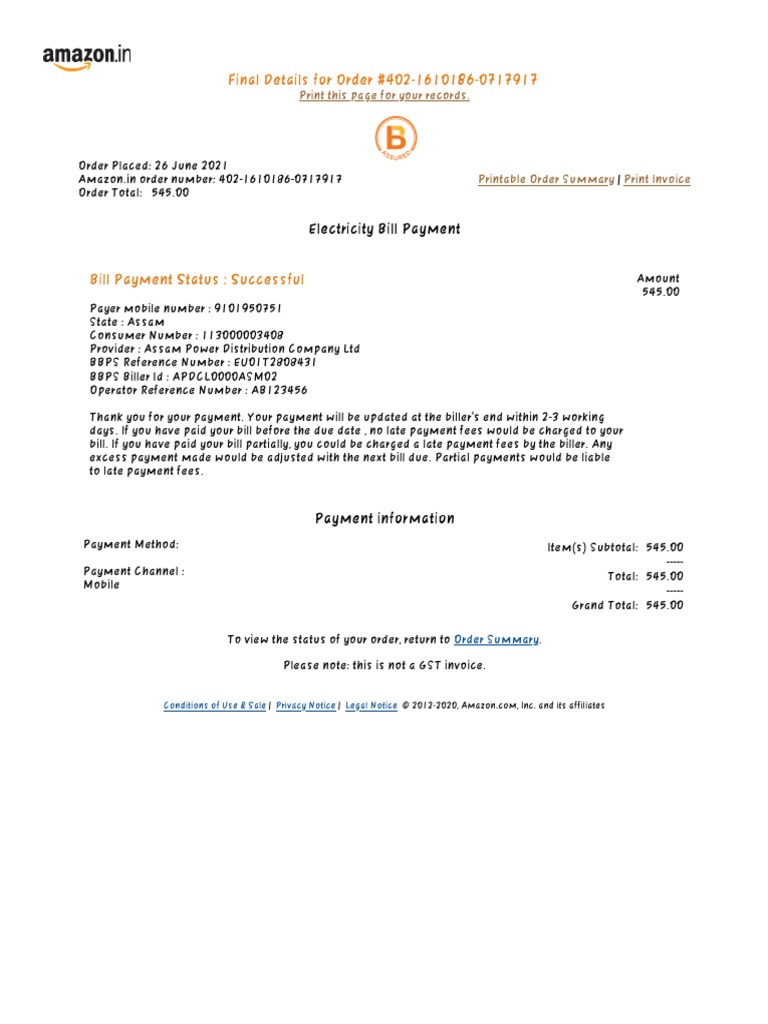Amazon Electricity Bill Payment Confirmation | PDF | Payments | Invoice