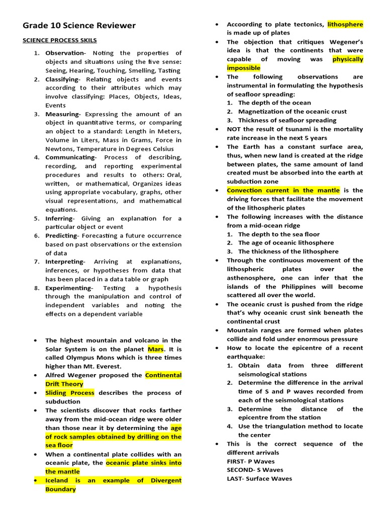 Grade 10 Science Reviewer | PDF | Plate Tectonics | Applied And Interdisciplinary Physics