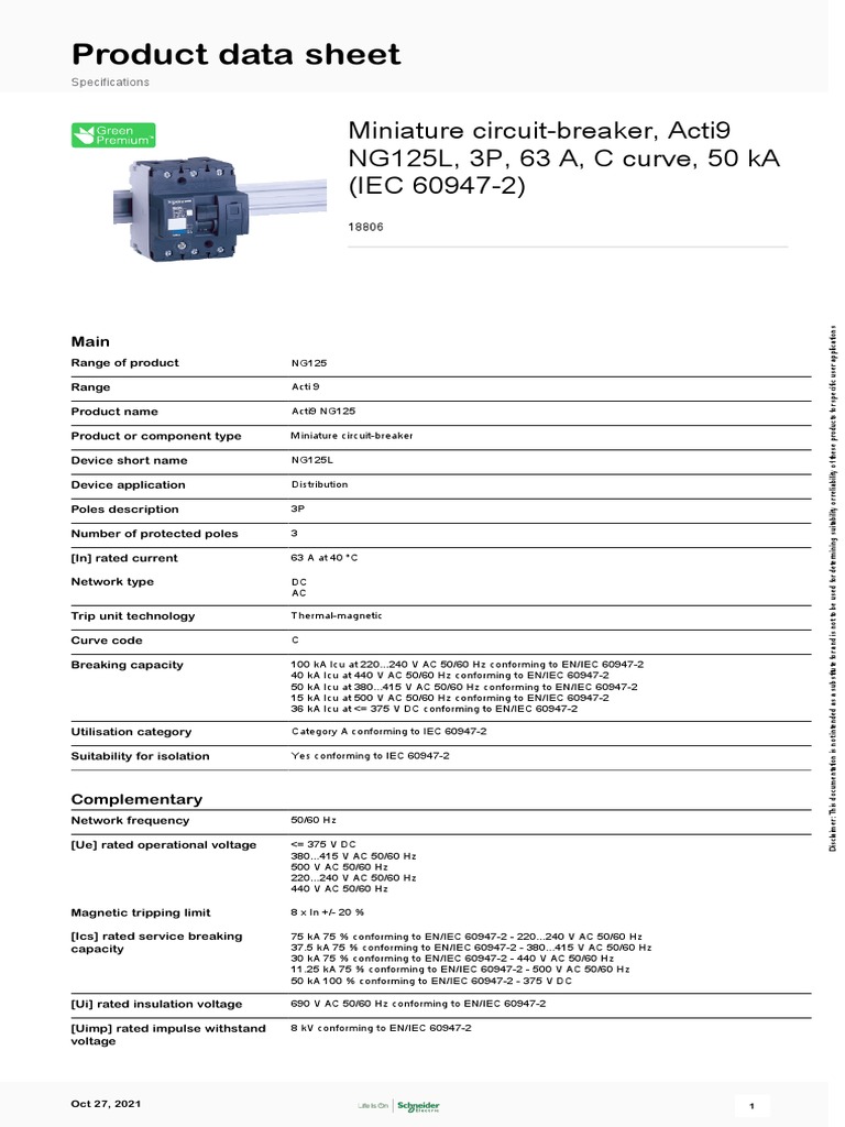 Product Data Sheet: Miniature Circuit-Breaker, Acti9 NG125L, 3P, 63 A ...