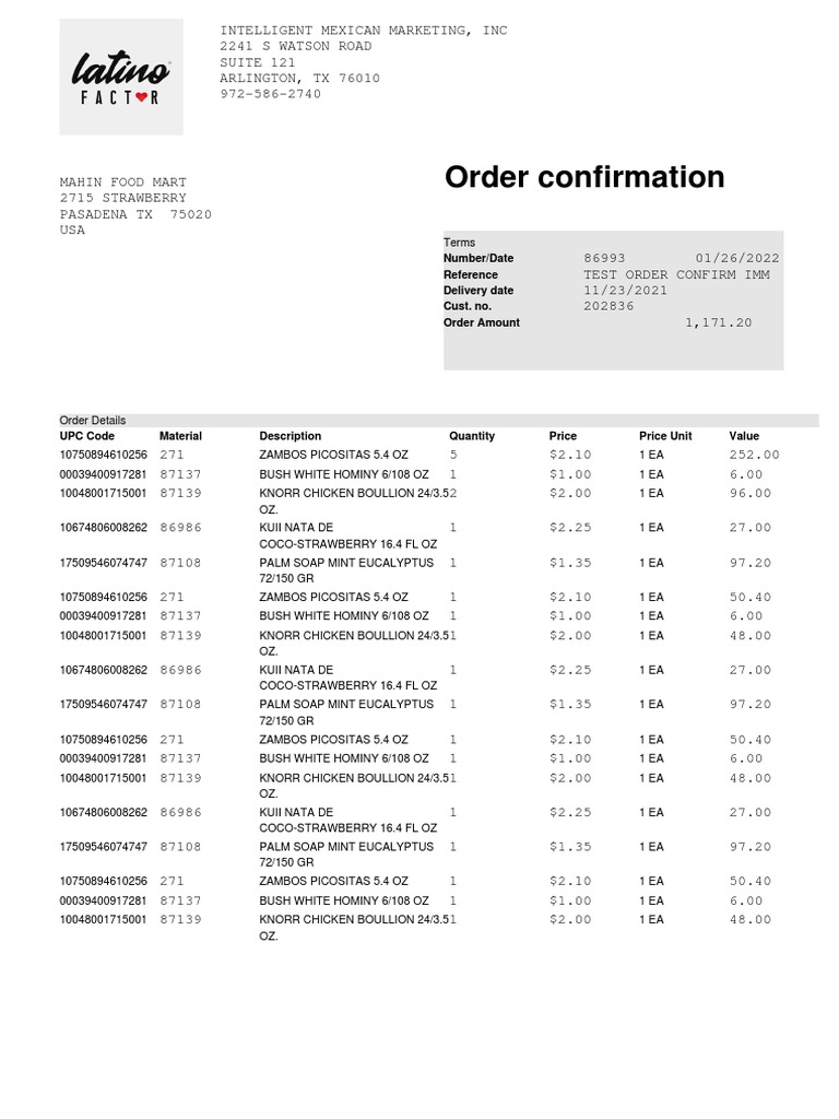 Order Confirmation: Number/Date Reference Delivery Date Cust. No. Order ...