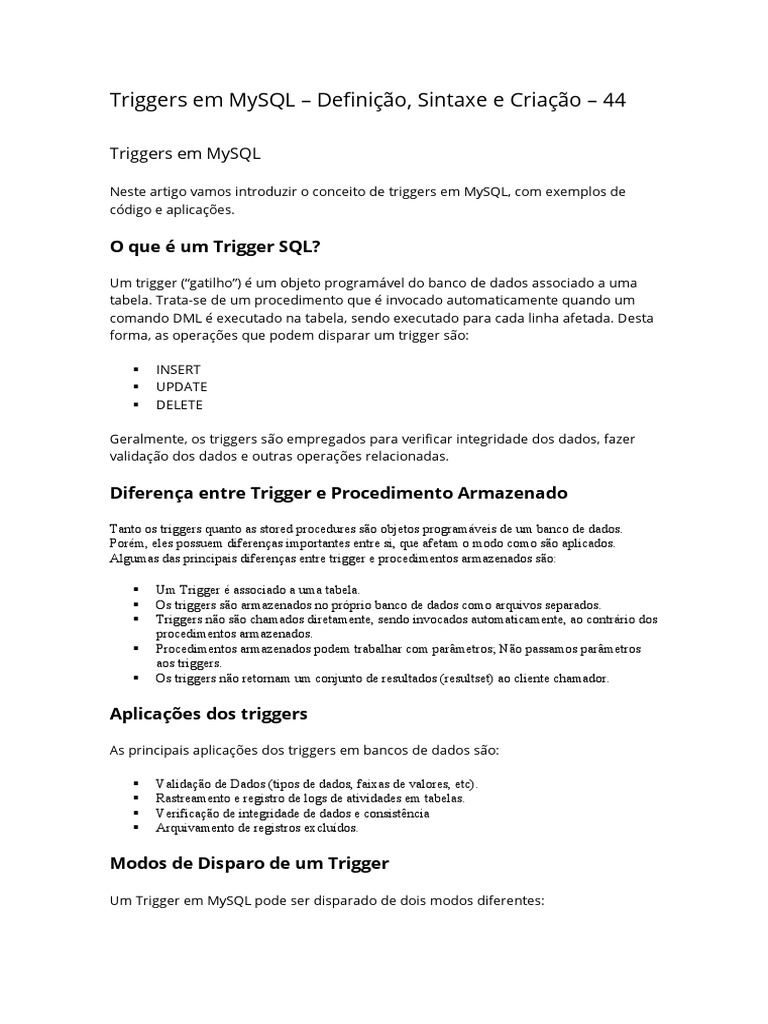 Triggers em MySQL | PDF | Bancos de dados | Tecnologia da Informação