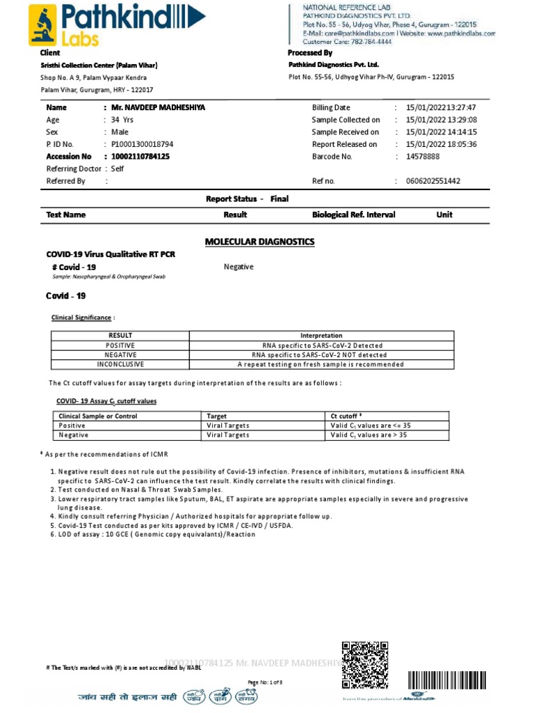 COVID-19 RT PCR Test Report | PDF | Microbiology | Diseases And Disorders