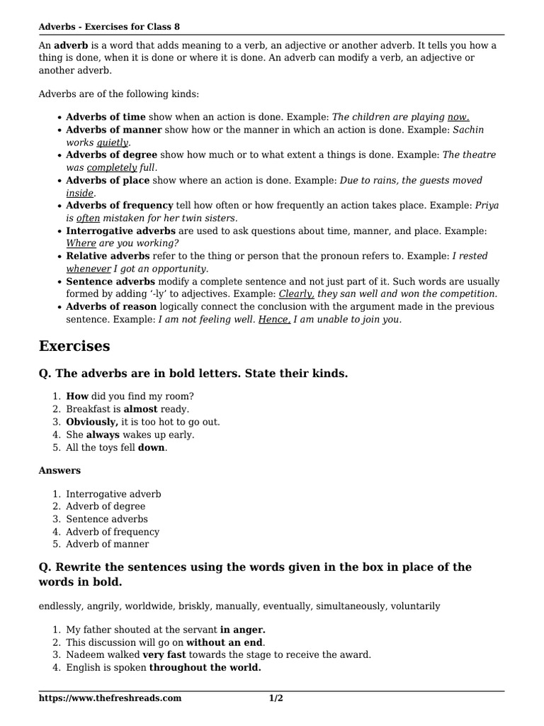 Adverbs Exercises For Class 8 | PDF | Adverb | Verb