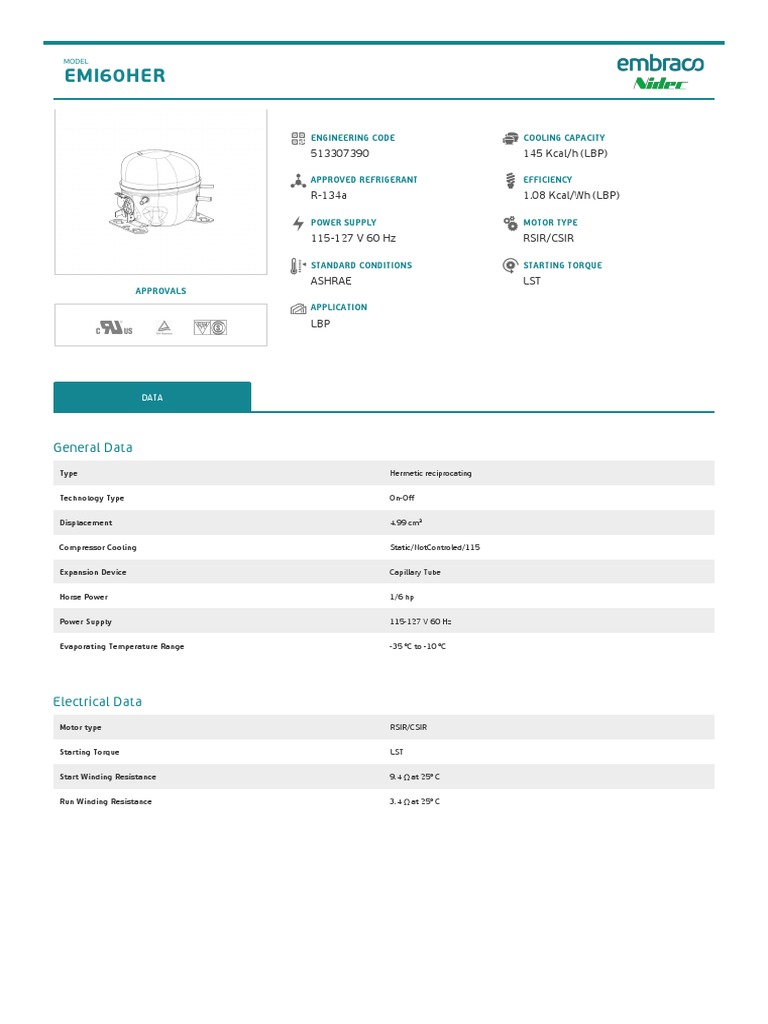 Embraco EMI60HER Compressor Specifications | PDF | Evaporation ...
