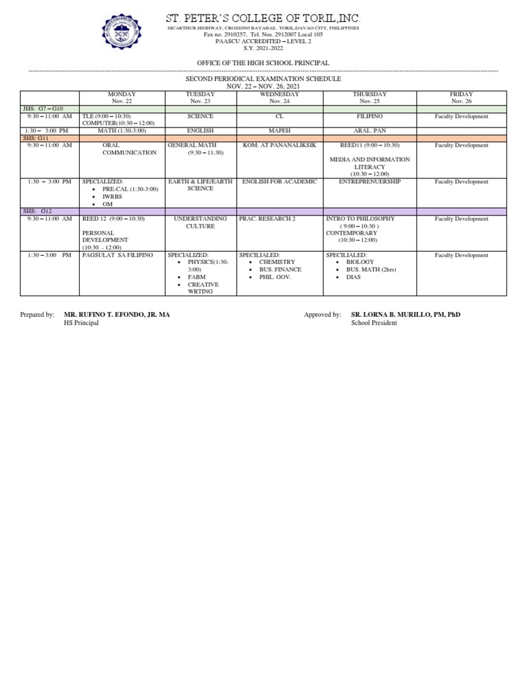 Second Periodical Exam Schedules 2021 | PDF | Science