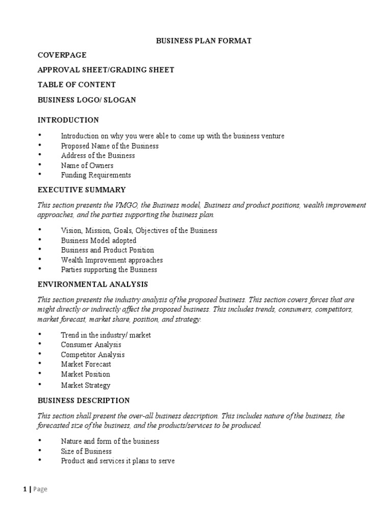 Business Plan Format Coverpage Approval Sheet/Grading Sheet Table of ...