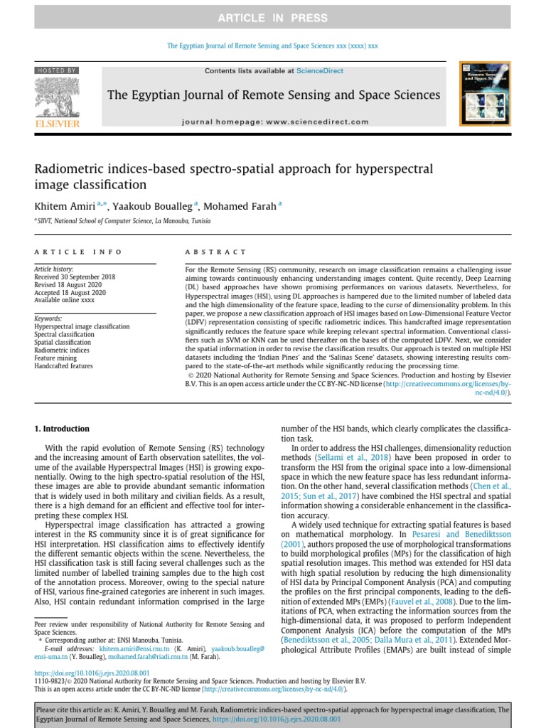 Radiometric Indices-Based Spectro-Spatial Approach For Hyperspectral Image Classification | PDF ...