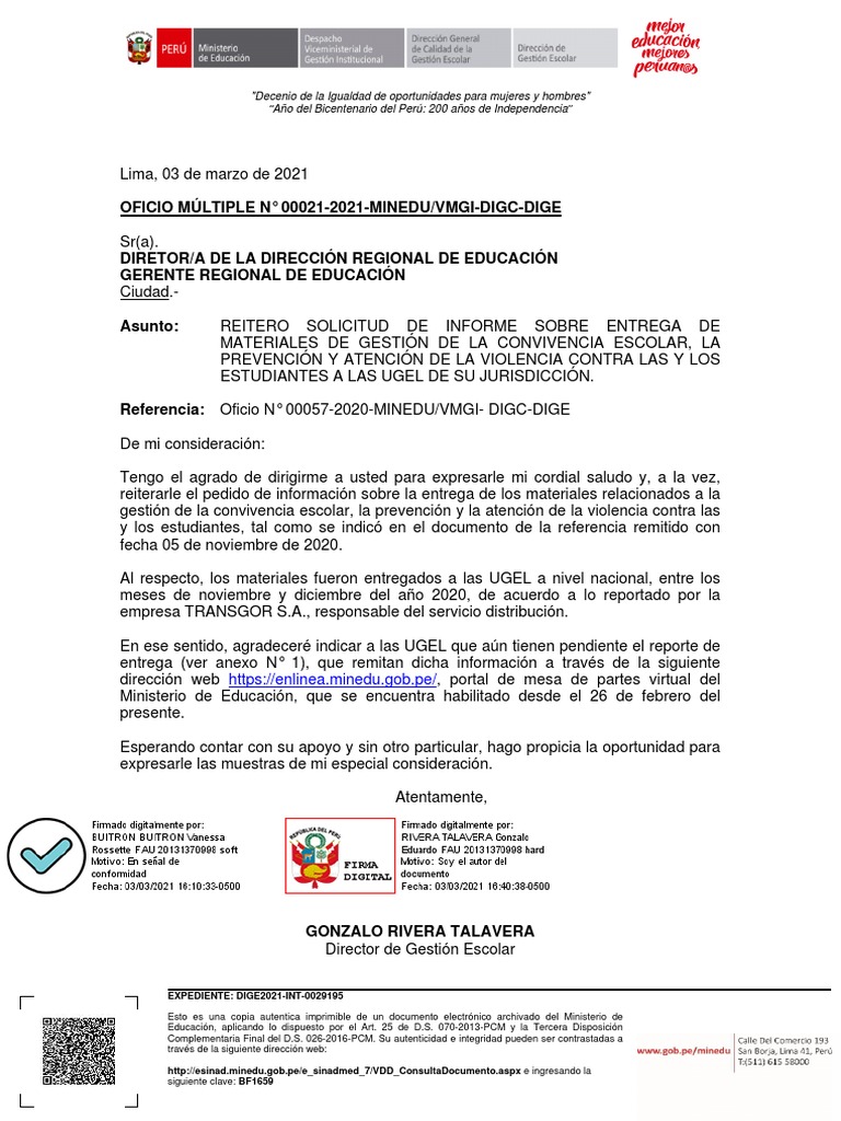 Oficio - Multiple 00021 2021 Minedu Vmgi Digc Dige (R) | PDF | Andes ...
