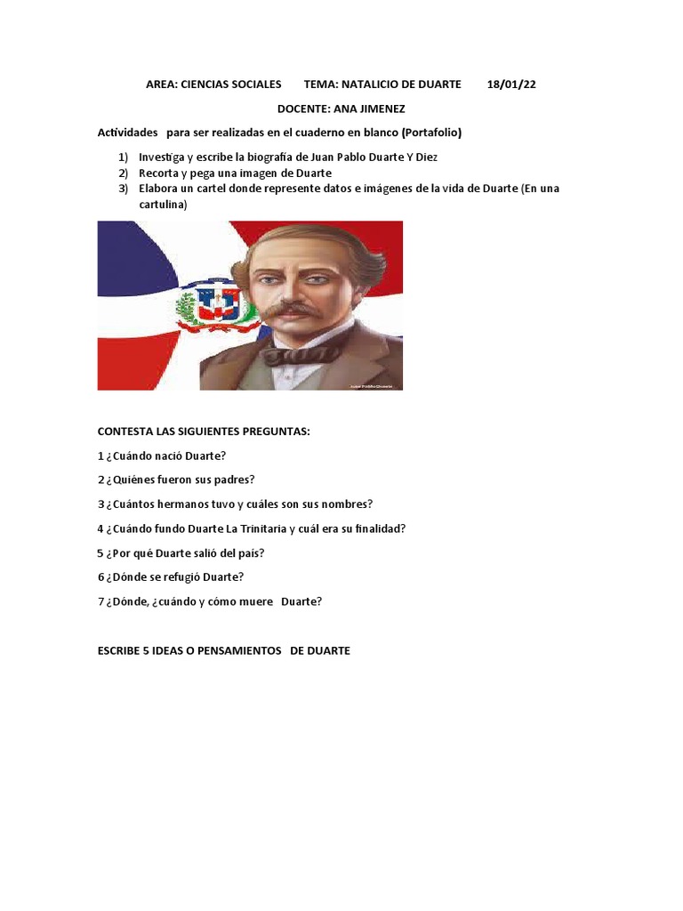 Actividades sobre Juan Pablo Duarte | PDF