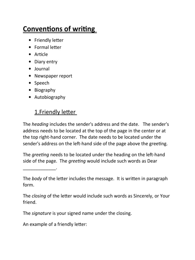 Conventions of Writing: 1.friendly Letter | PDF | Writing