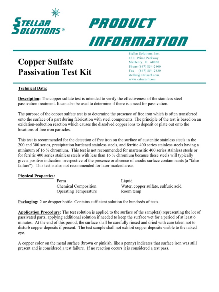 Copper Sulfate Passivation Test Kit | PDF | Stainless Steel | Steel