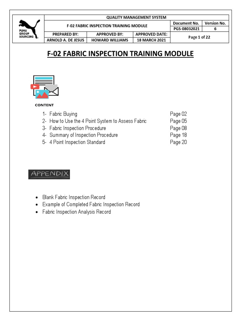 QMS - F.02 Fabric Inspection Training Module | PDF | Textiles | Knitting