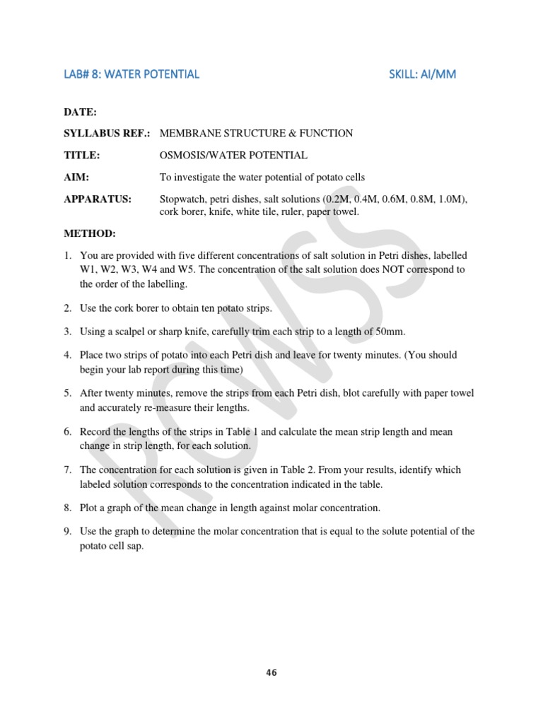 Determining the Water Potential of Potato Cells Through Osmosis | PDF ...