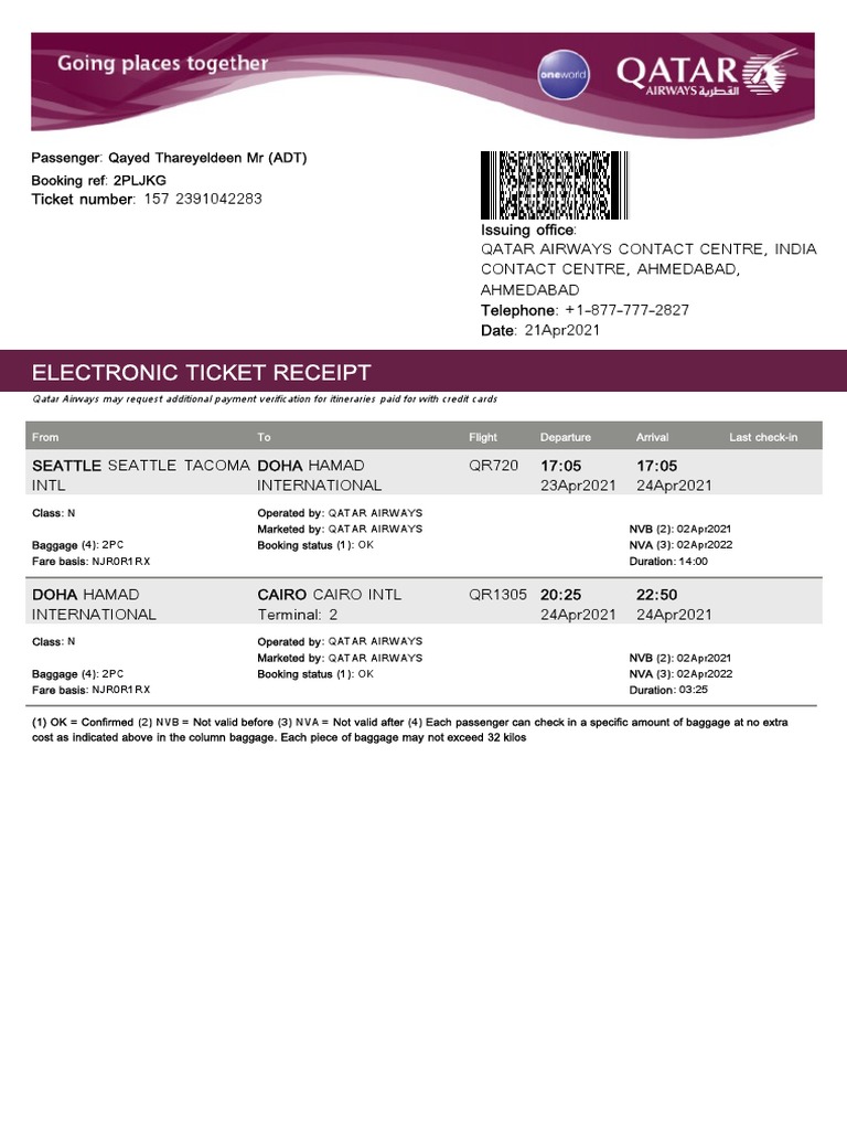 Qatar Airways E-Ticket Receipt | PDF