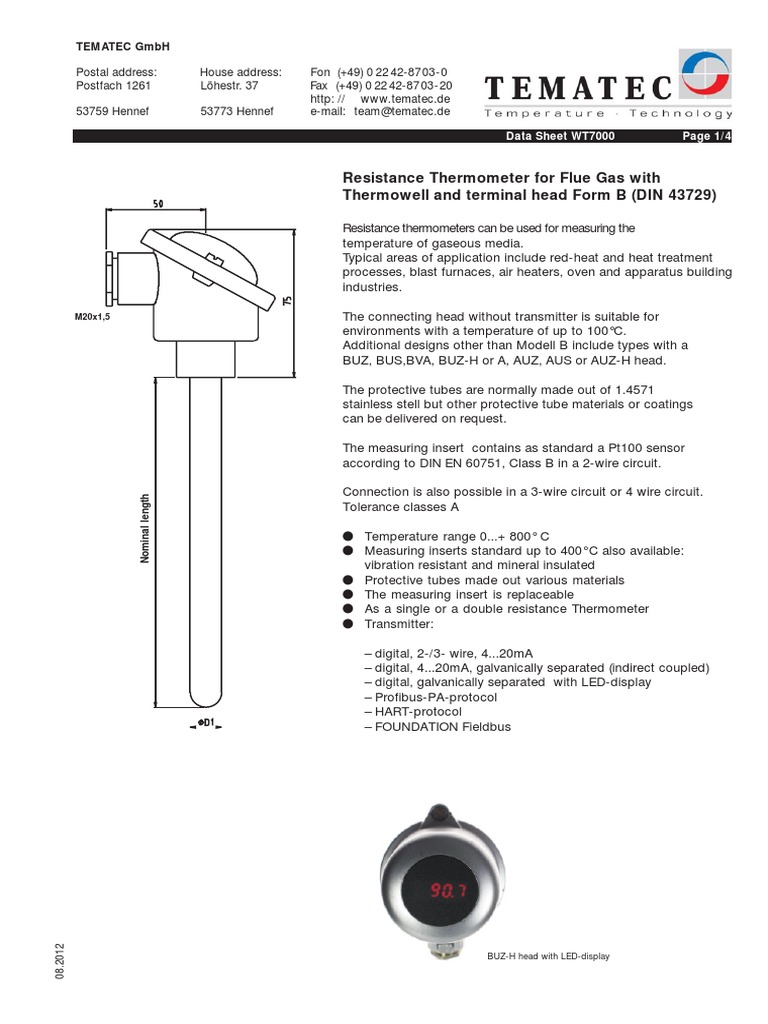 Resistance Thermometer For Flue Gas With Thermowell and Terminal Head ...
