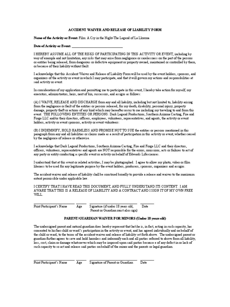 Accident Waiver and Release of Liability Form | PDF | Legal Liability ...